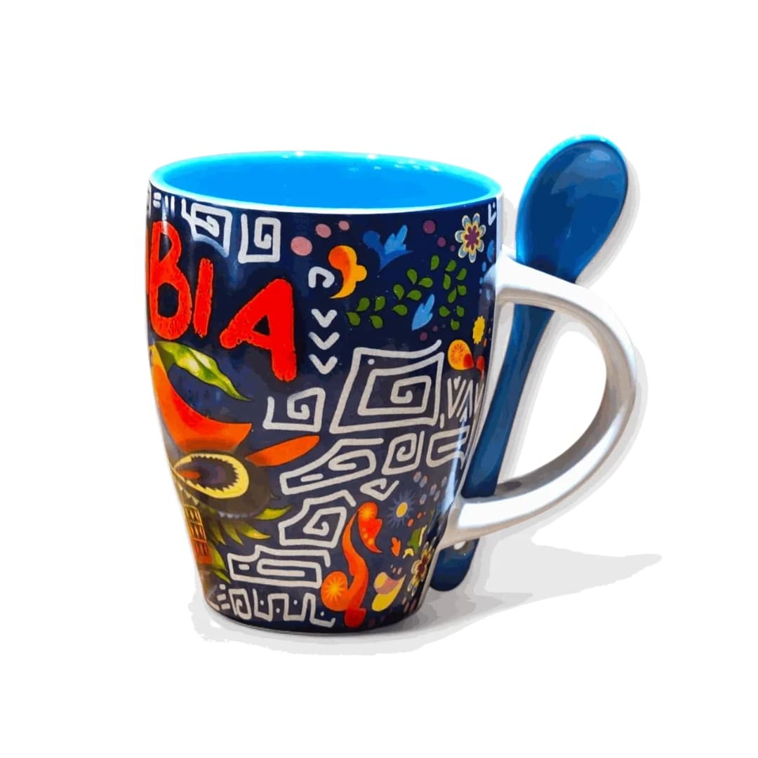 Taza con cuchara azul Colombia - artesanias tipicas colombianas