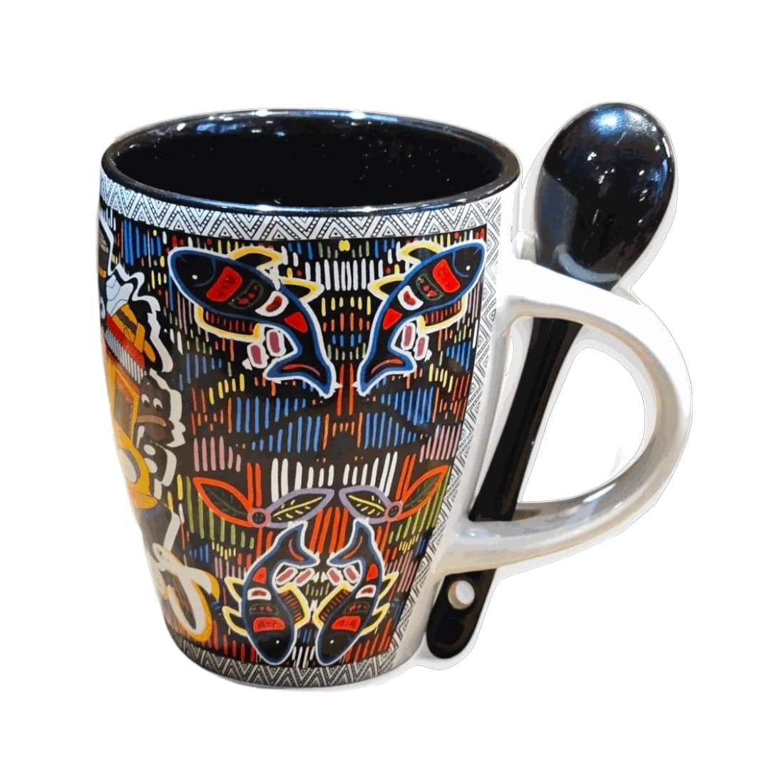 Taza con cuchara negra chiva con peces - artesanias tipicas colombianas